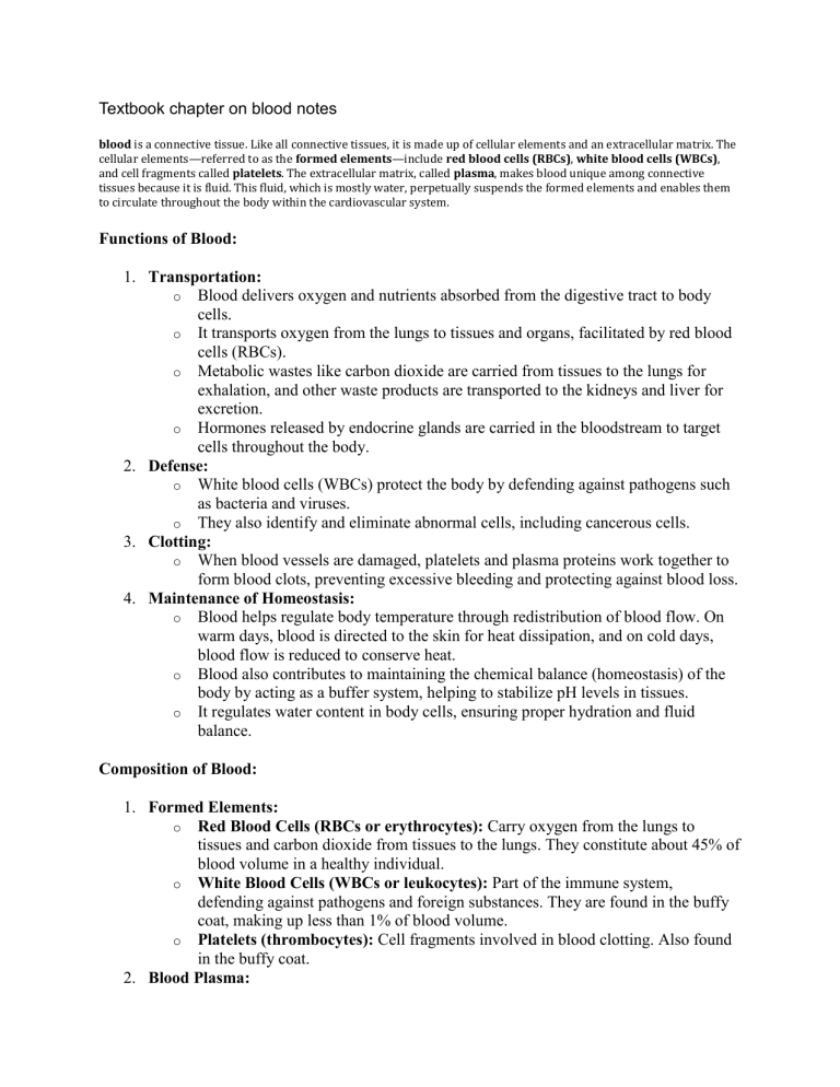 Blood Notes: Functions, Composition, and Formation