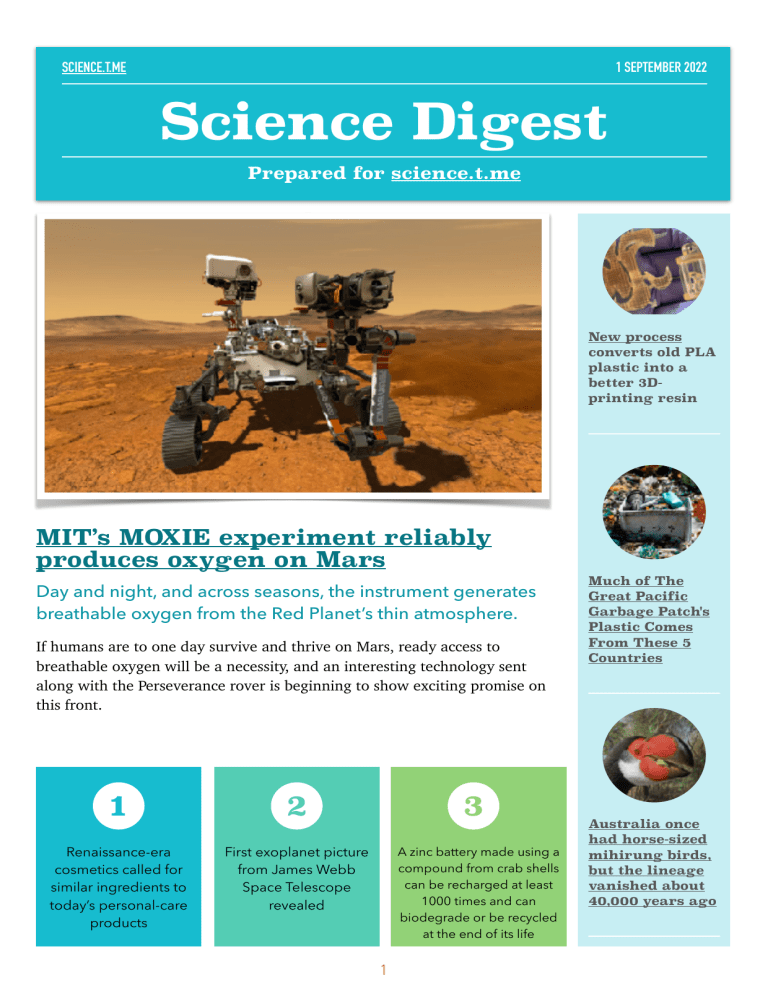 Science Digest: PLA Upcycling, Mars Oxygen, Garbage Patch