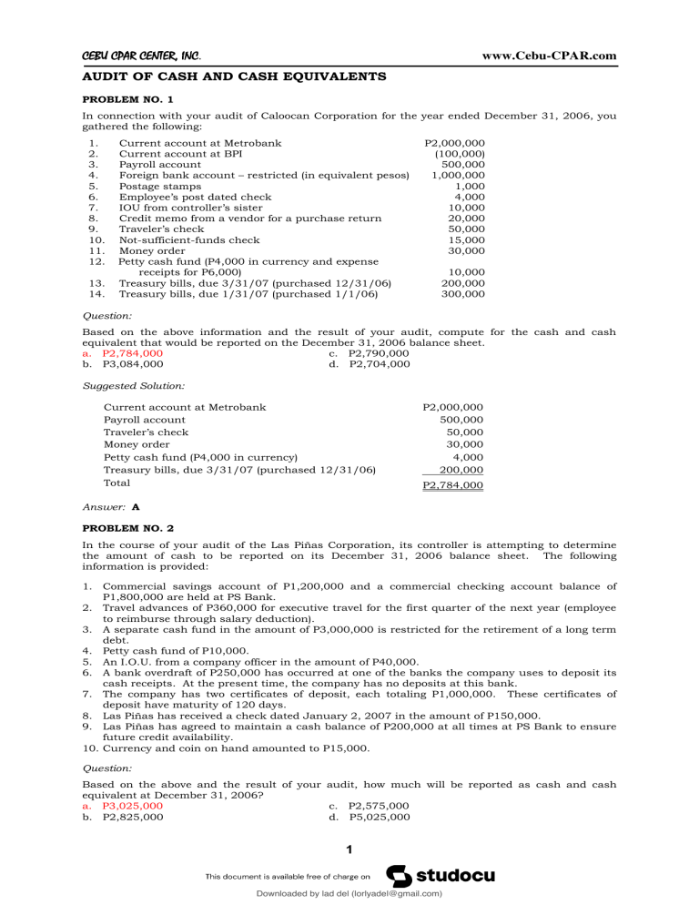 Audit of Cash & Cash Equivalents Practice Problems Audit of Cash & Cash Equivalents Practice Problems