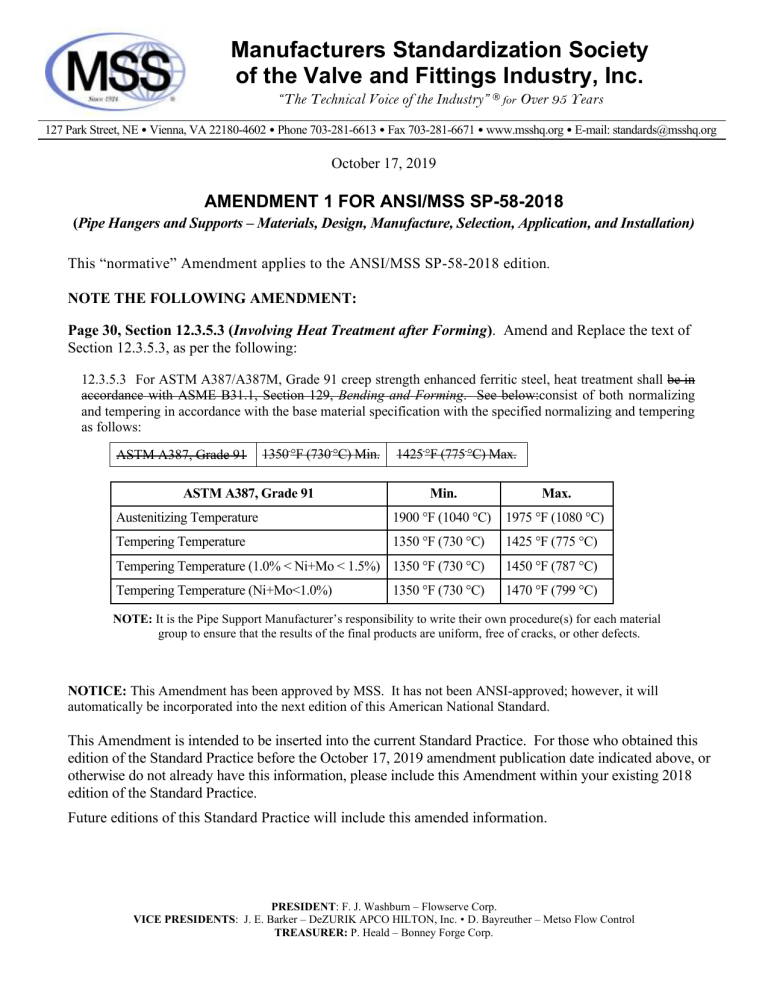 ANSI/MSS SP-58-2018 Amendment 1: Heat Treatment