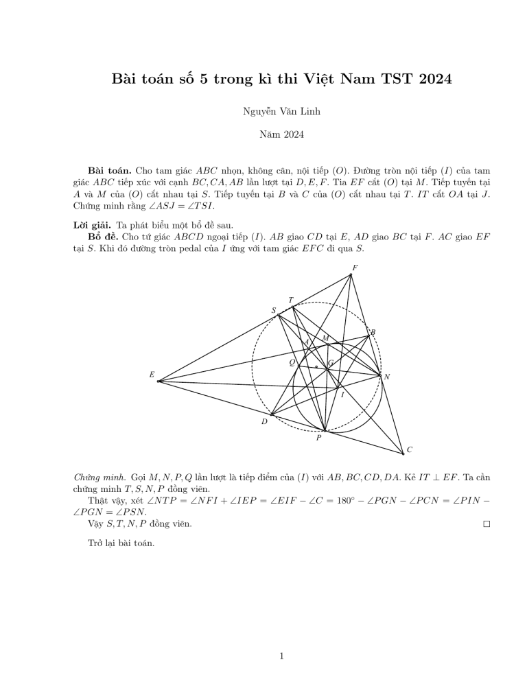 Vietnam TST 2024 Geometry Problem and Solution