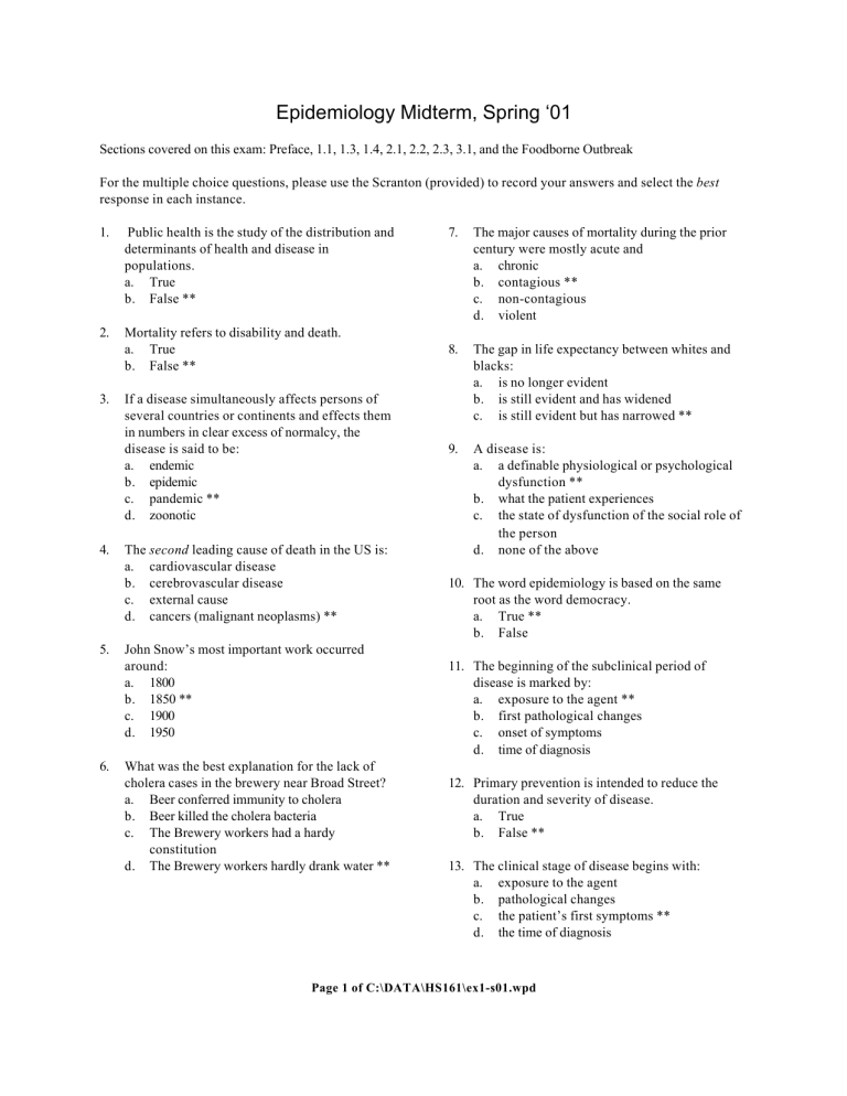 Epidemiology Midterm Exam Spring '01