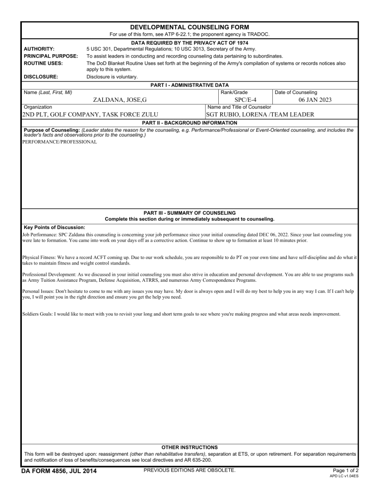 Developmental Counseling Form
