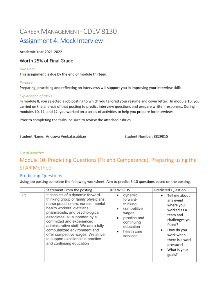 Mock Interview Assignment: Career Management