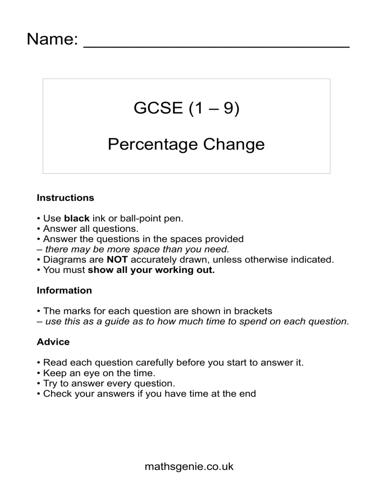 Percentage Change Math Worksheet for GCSE Students