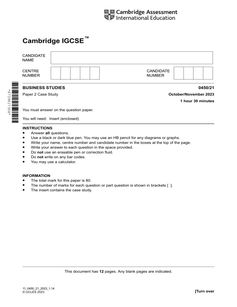 Cambridge IGCSE Business Studies Paper 2 Exam