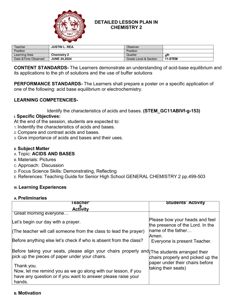 Chemistry Lesson Plan: Acids and Bases