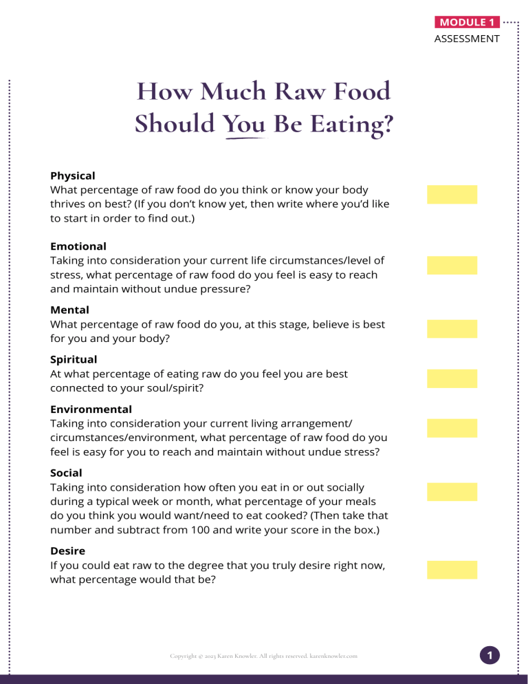 Raw Food Intake Assessment Worksheet