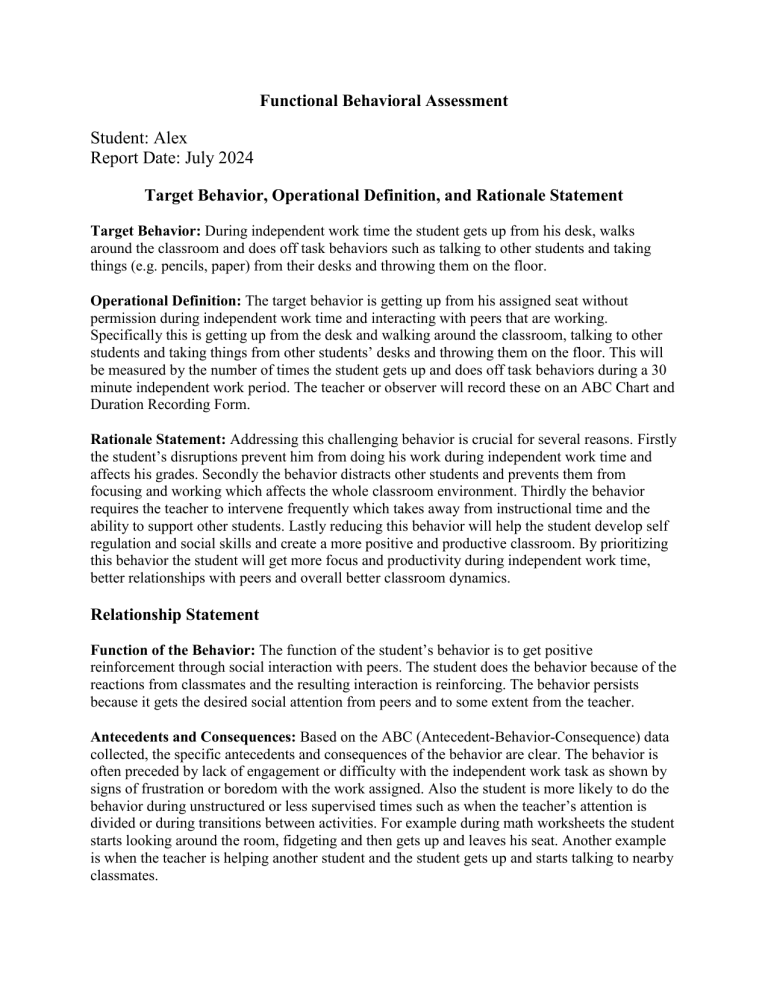 Functional Behavioral Assessment Report: Alex