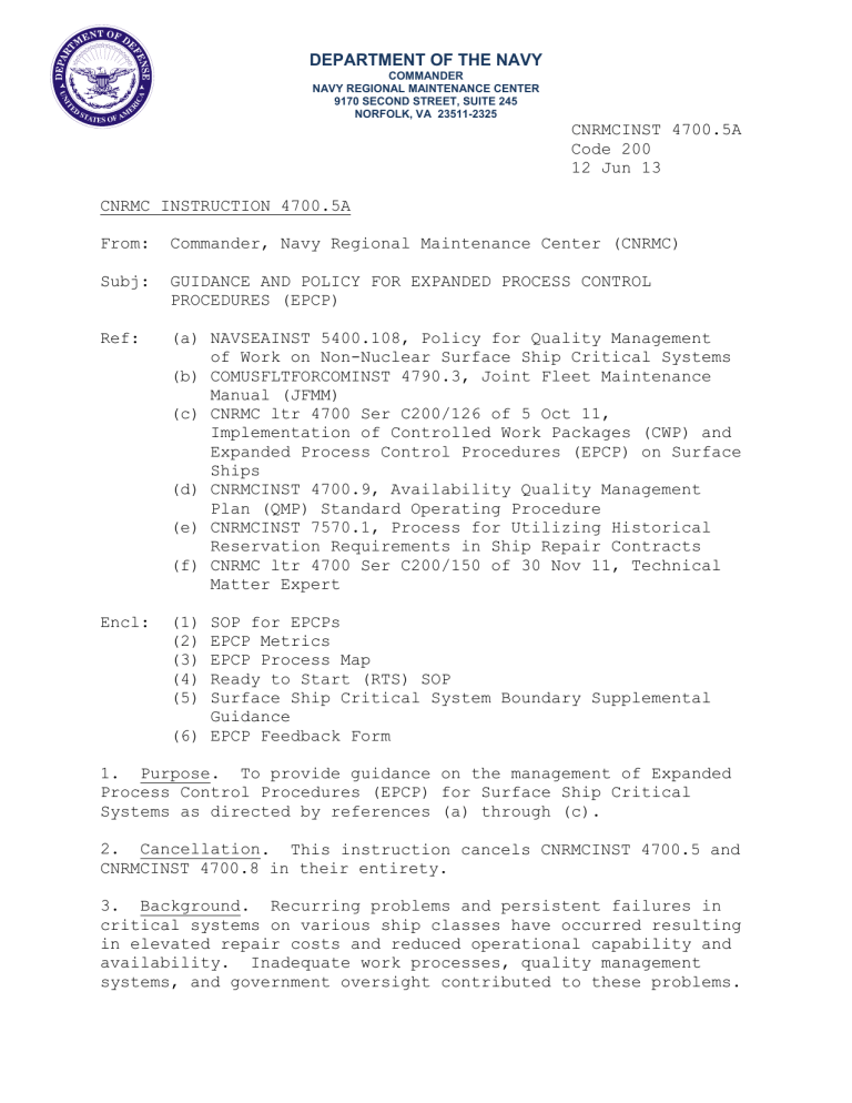 Navy EPCP Guidance: Surface Ship Critical Systems