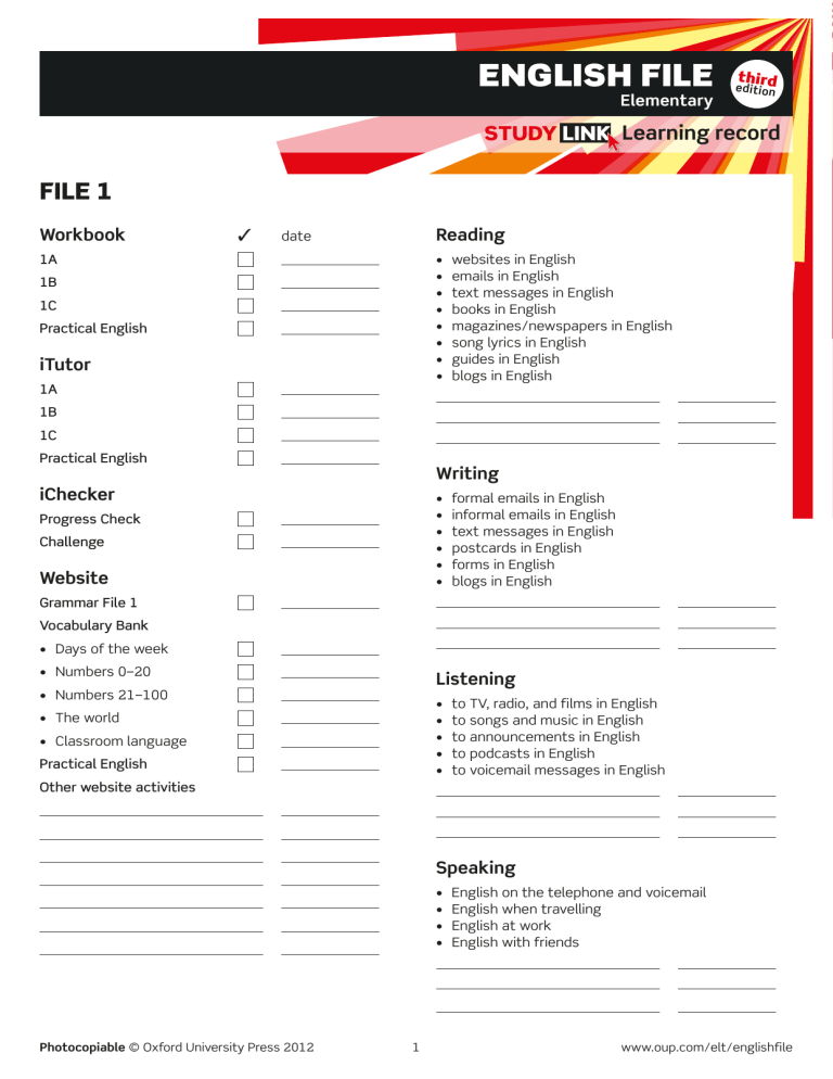 English File Elementary Learning Record