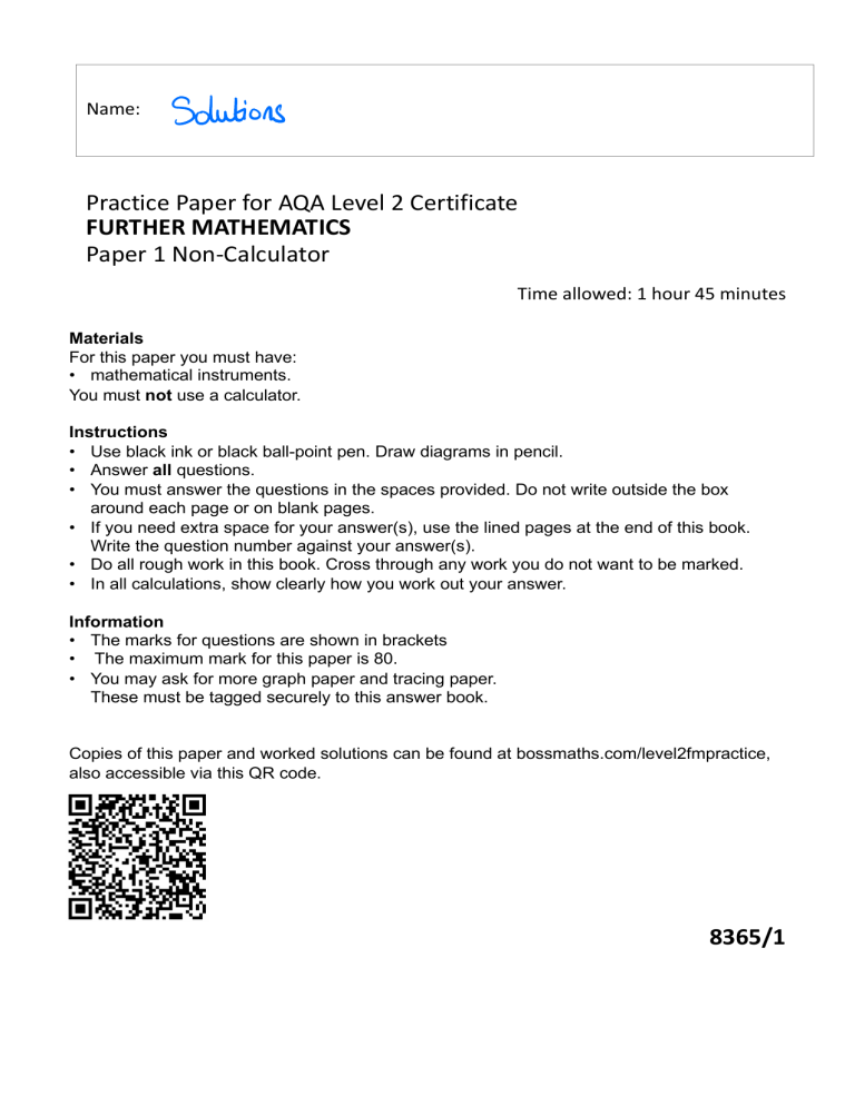 AQA Level 2 Further Maths Practice Paper 1