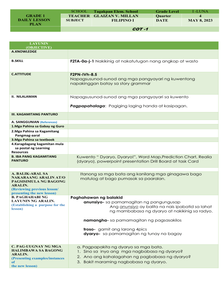 Grade 1 Filipino Lesson Plan: Sequencing Events