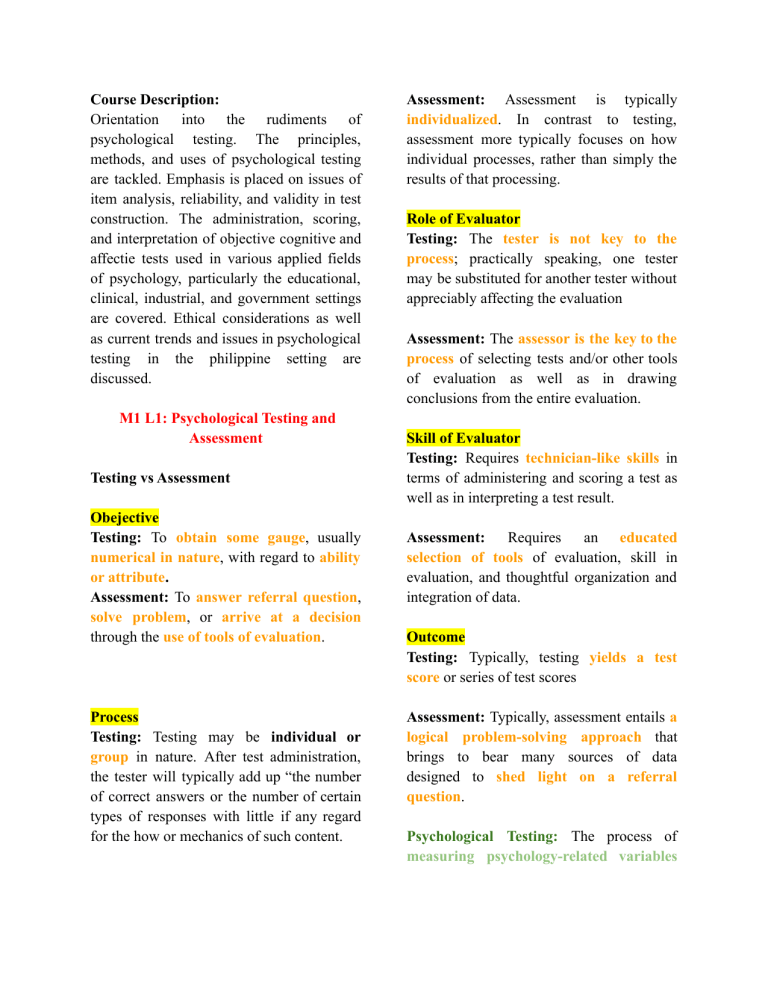 Psychological Testing & Assessment Course Description