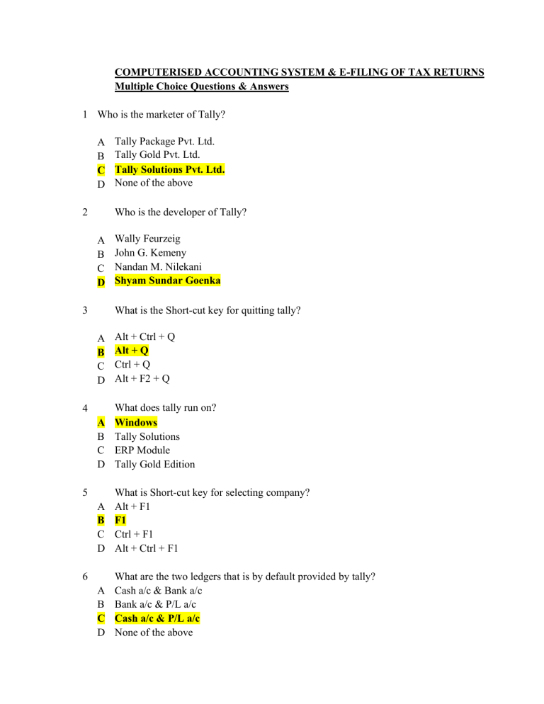 Accounting & Tax MCQ: Tally & E-Filing