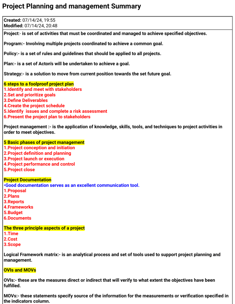 Project Planning and Management Summary