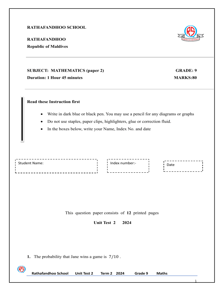 Grade 9 Math Test: Probability, Algebra, Geometry