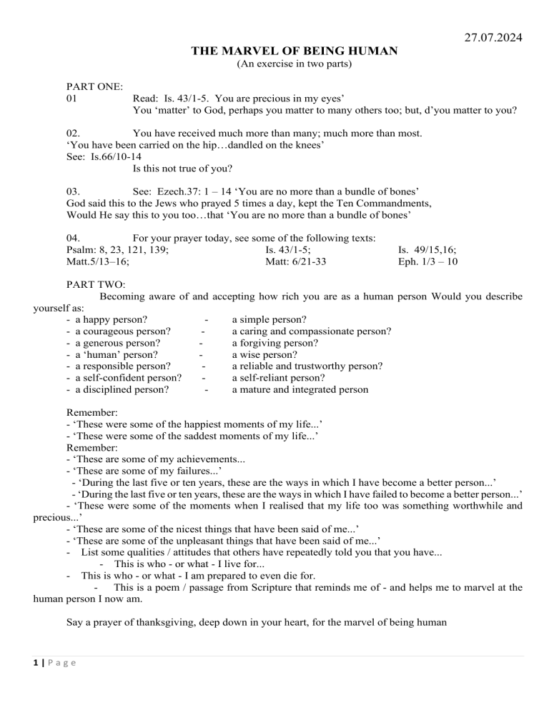 Marvel of Being Human: Self-Reflection Worksheet