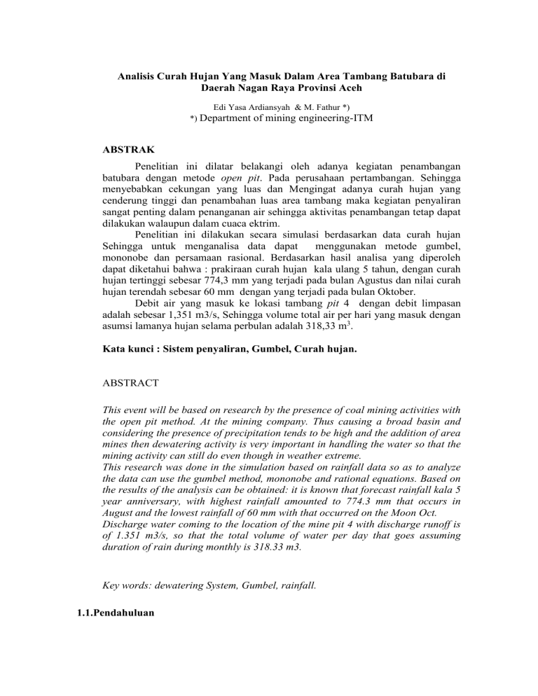 Analisis Curah Hujan Tambang Batubara: Metode Gumbel & Mononobe