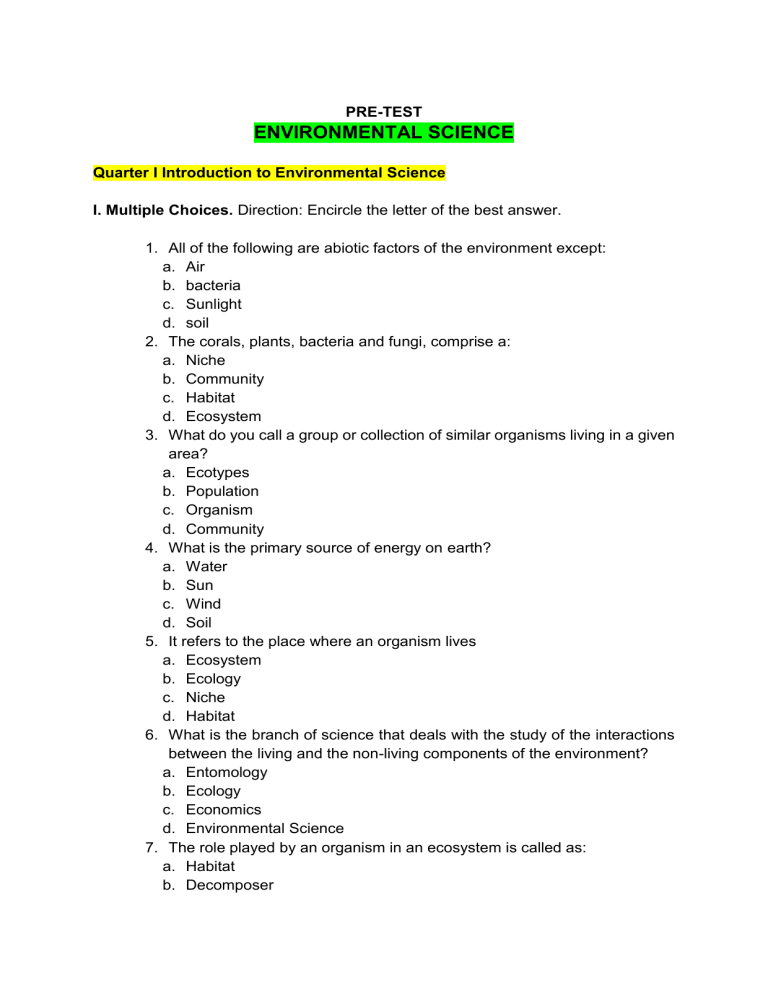 Environmental Science Test: Quarter 1