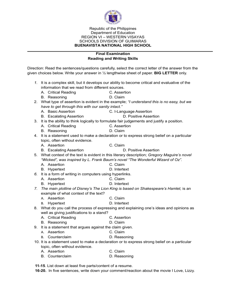 Reading & Writing Skills Exam