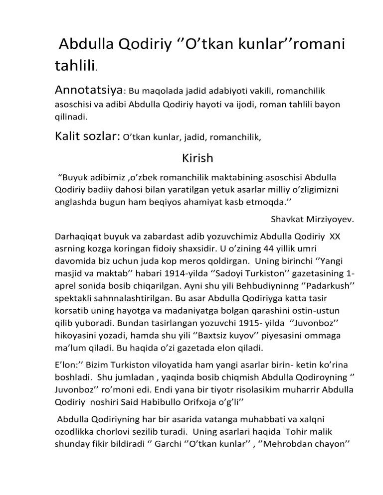 Abdulla Qodiriyning "O'tkan kunlar" asari adabiy tahlili