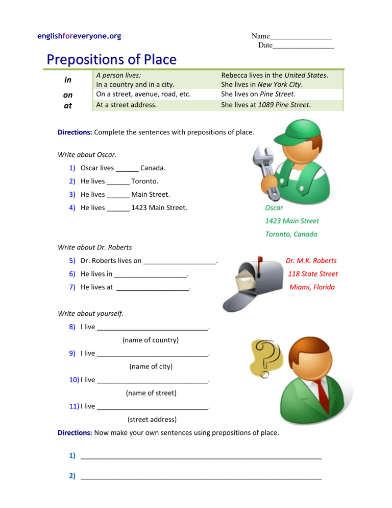 Prepositions of Place Worksheet