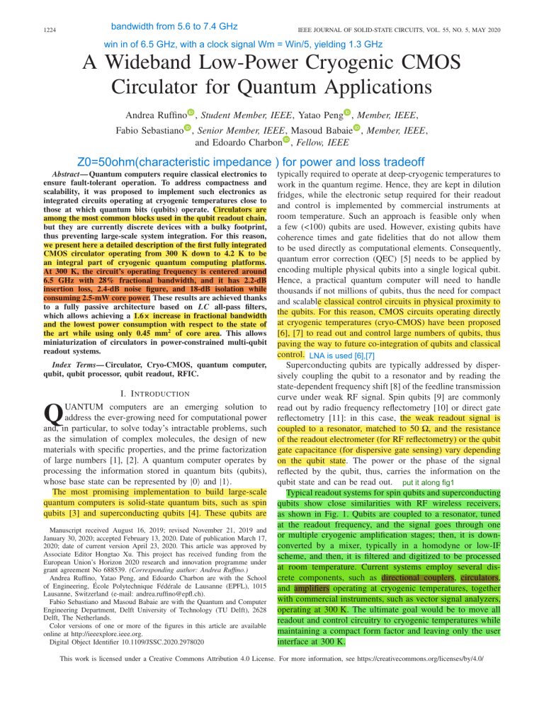 A Wideband Low-Power Cryogenic CMOS Circulator for Quantum Applications