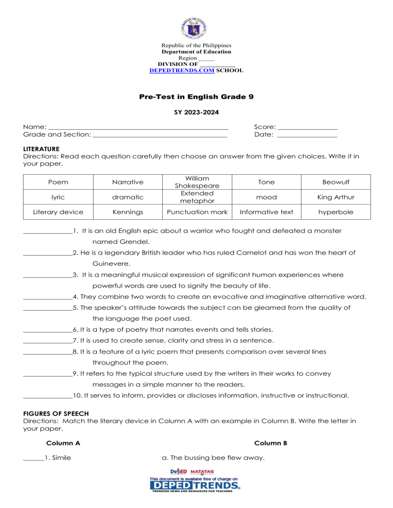 English Grade 9 Pre-Test: Literature, Grammar, Writing