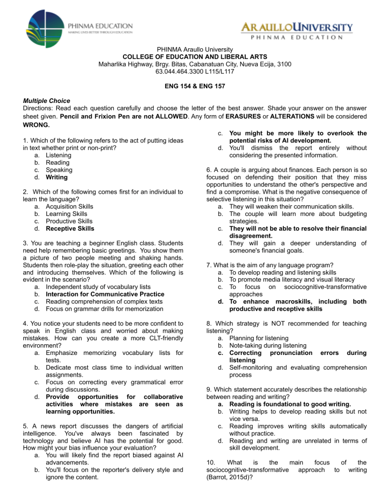 English Language Test: Multiple Choice Questions