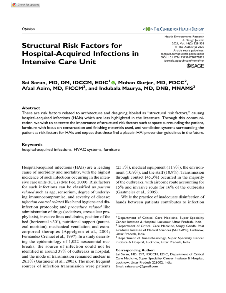 Structural Risks for Hospital-Acquired Infections in ICU