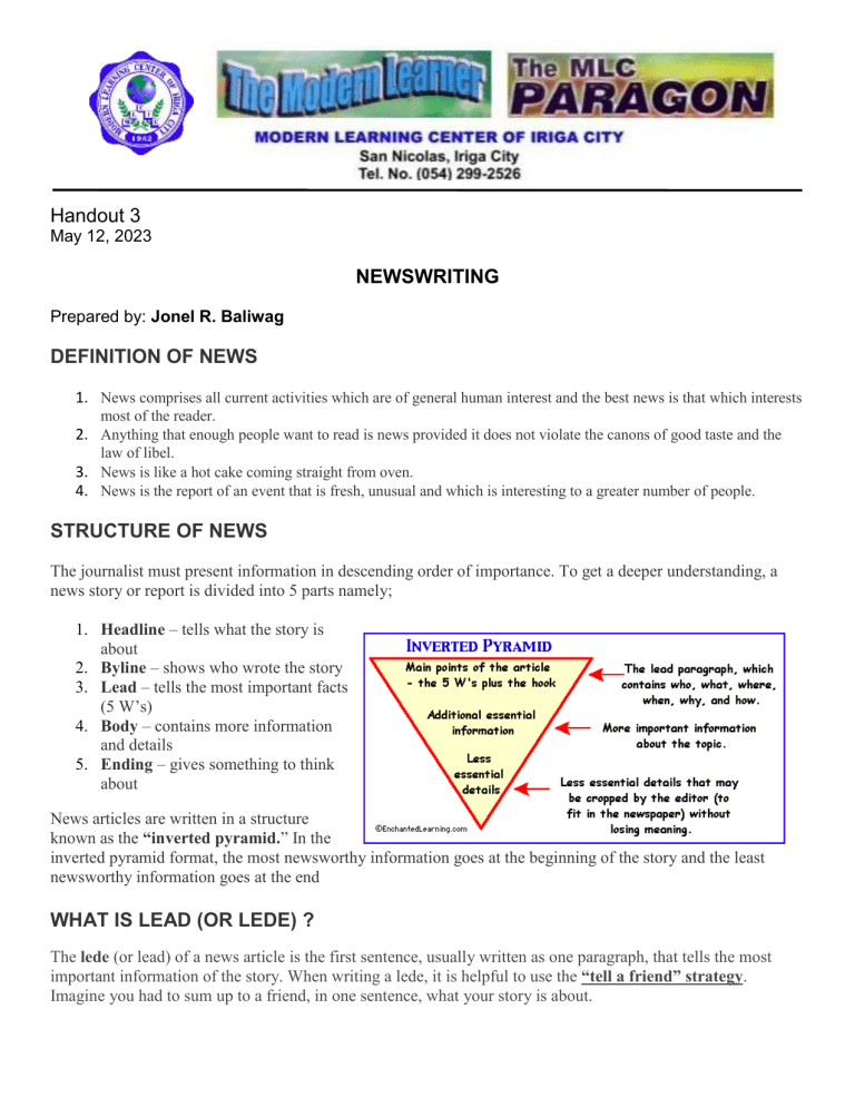 News Writing Handout: Definitions, Structure, Headlines