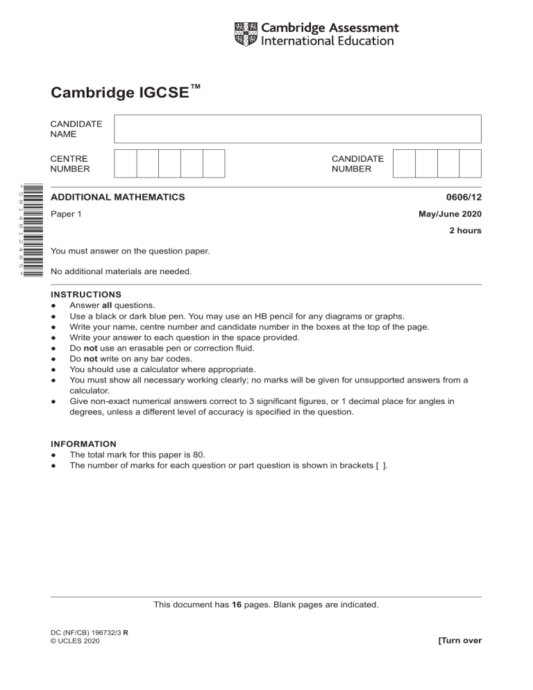 Cambridge IGCSE Additional Mathematics Exam Paper 0606/12