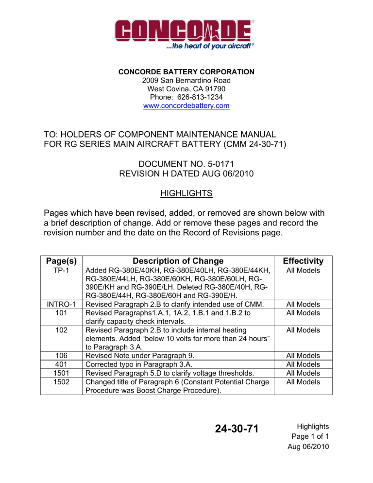 RG Series Aircraft Battery Maintenance Manual