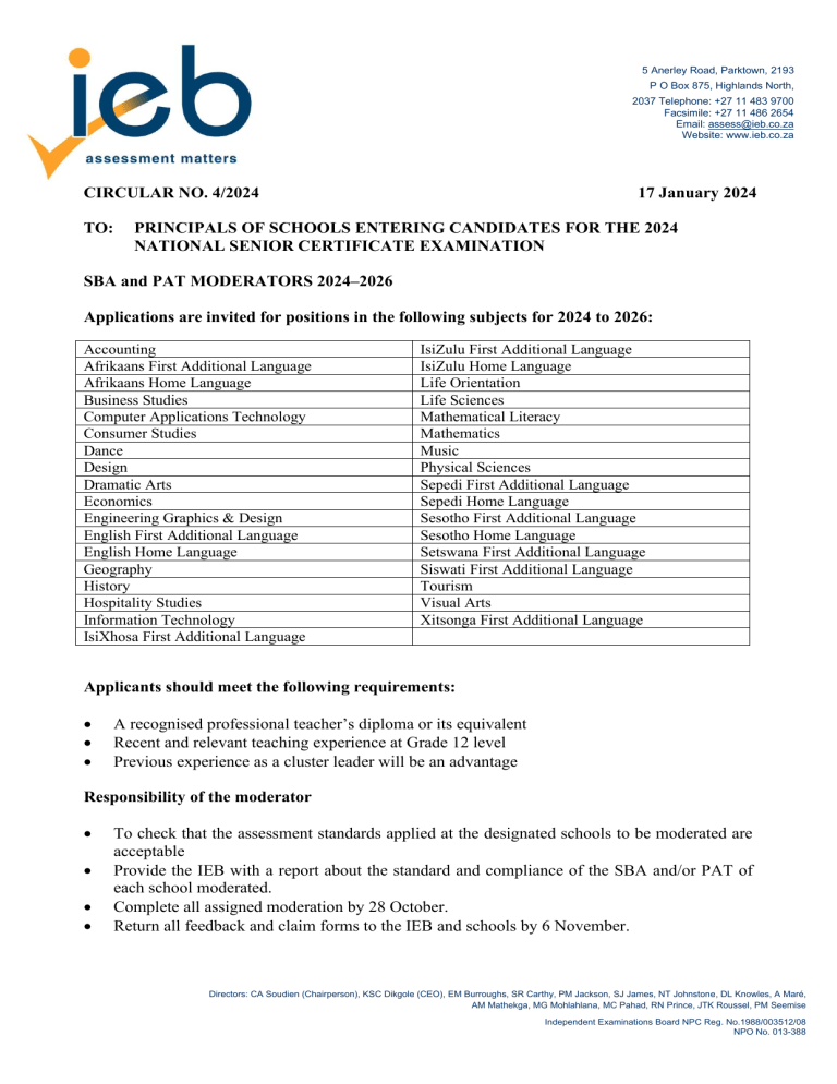 IEB Moderator Applications 2024-2026