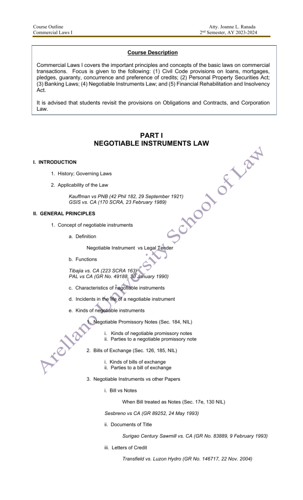Commercial Laws I Course Outline