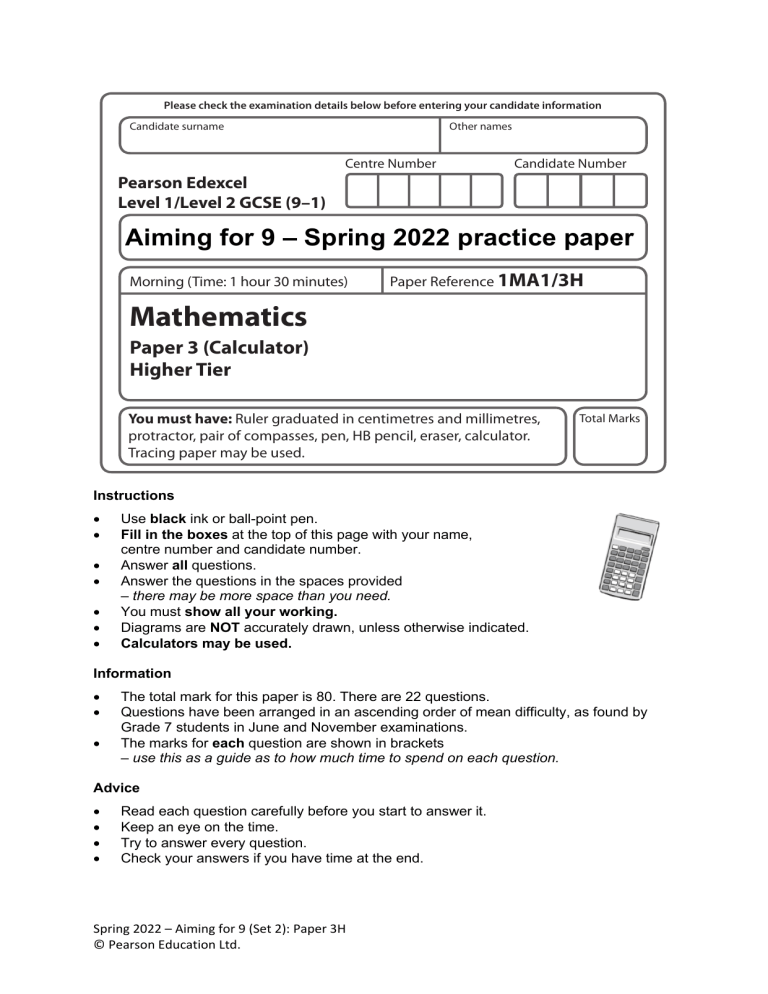 GCSE Maths Higher Tier Practice Exam Paper