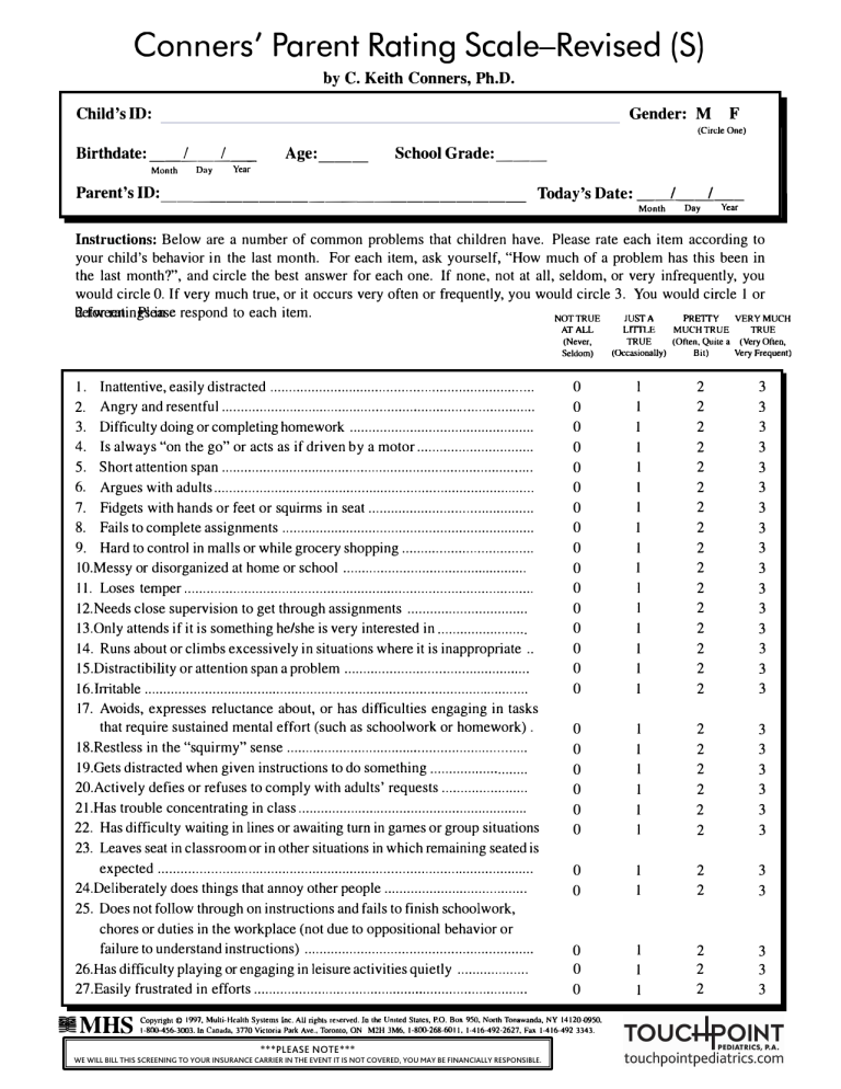 Conners Parent Rating Scale Revised S Conners Parent Rating Scale Revised S