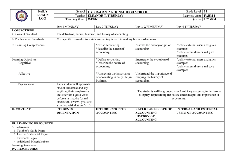 FABM 1 Lesson Log: Accounting Basics