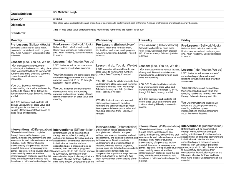 3rd Grade Math Lesson Plan: Place Value & Rounding