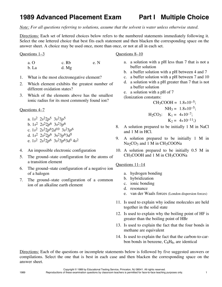 1989 AP Chemistry Exam: Multiple Choice Questions