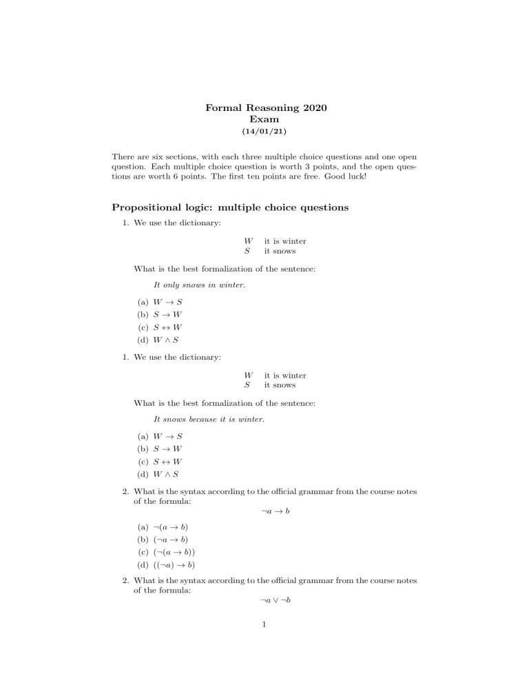 Formal Reasoning Exam 2020: Logic, Languages, Automata
