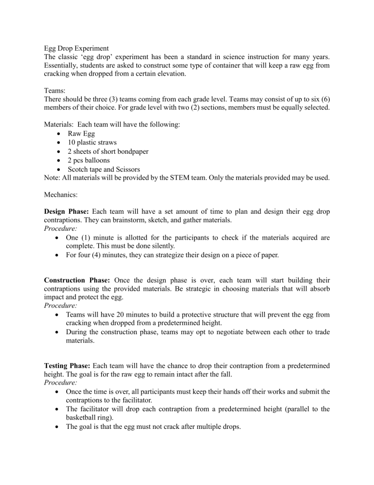 Egg Drop Experiment Instructions