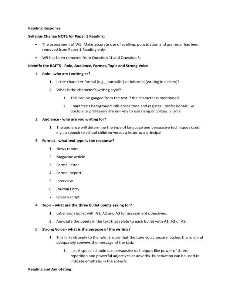 Reading Response Guide: RAFTS, Annotating, Writing