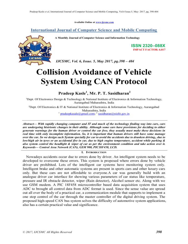 Collision Avoidance System Using CAN Protocol