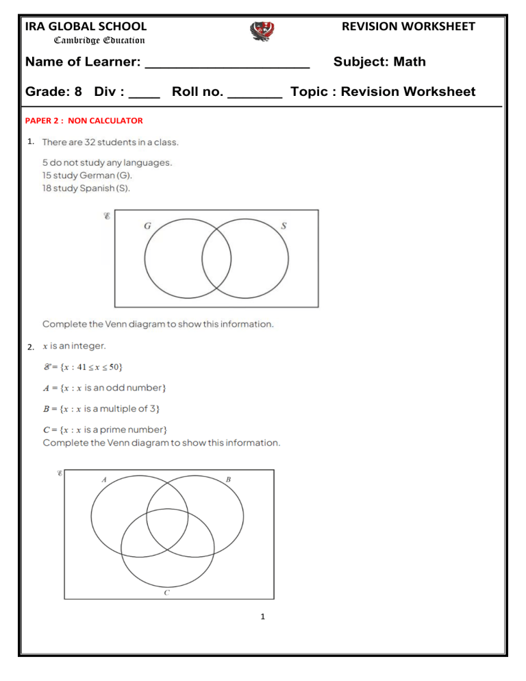 Math Revision Worksheet: Set Theory & Venn Diagrams