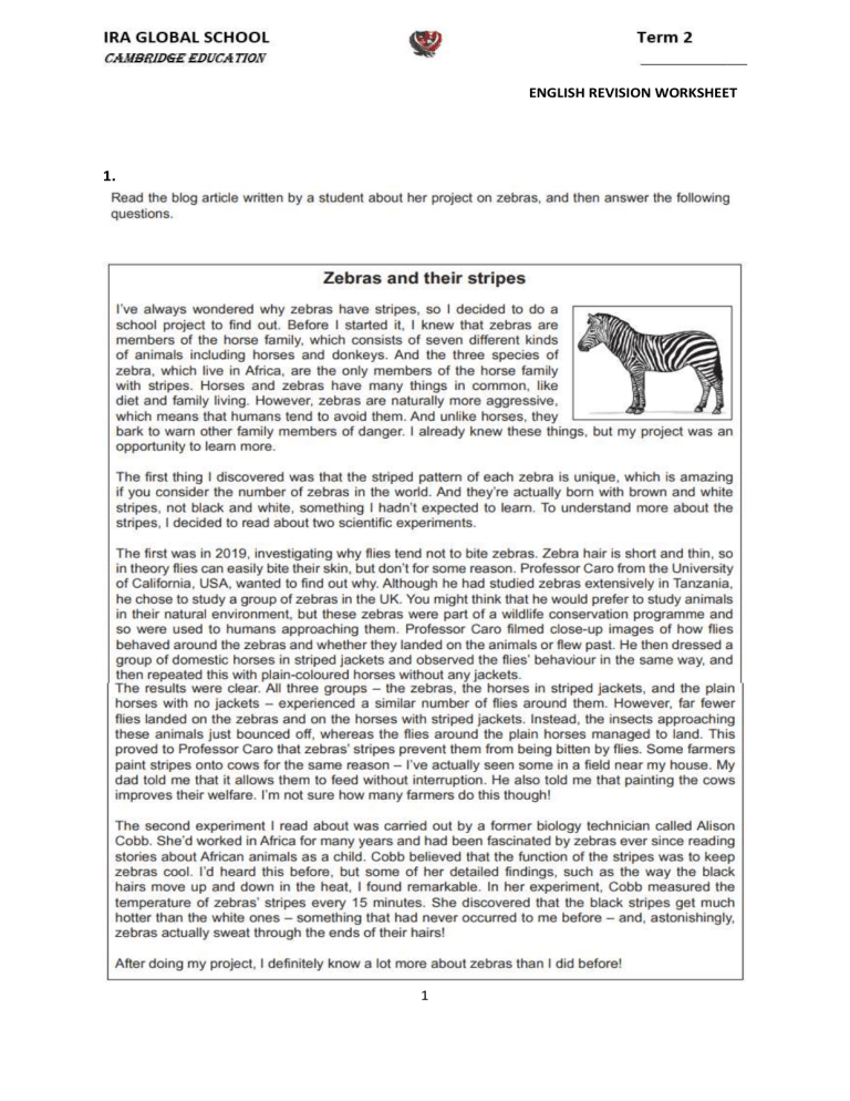 English Revision Worksheet: Reading, Writing, Grammar