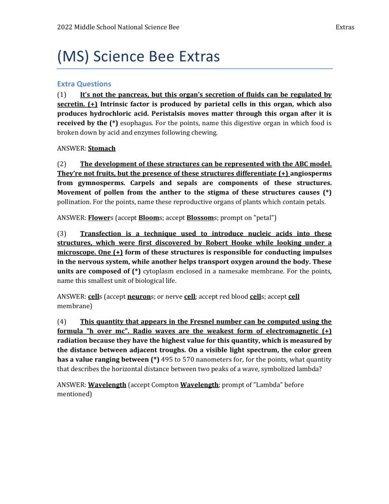 Middle School Science Bee Questions