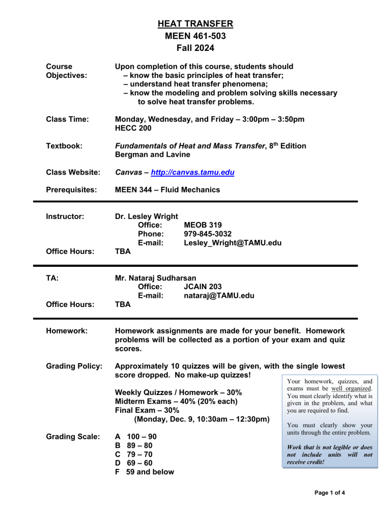 Heat Transfer Course Syllabus - MEEN 461-503