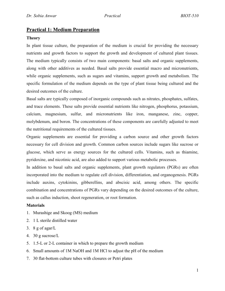 Plant Tissue Culture Lab Manual: Medium Prep & Explant Handling